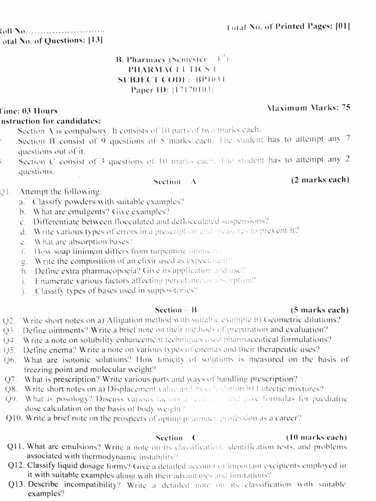 B. Pharmacy Pharmacology Exam Paper | PDF | Pharmacology | Medicinal ...