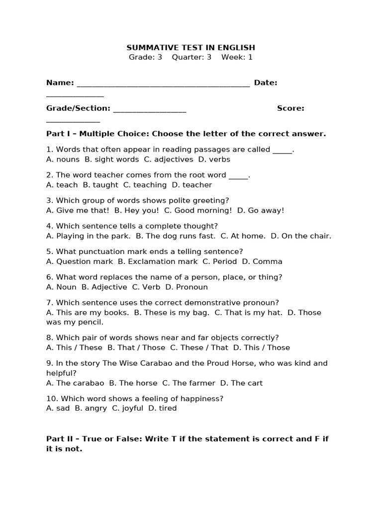 Grade 3 English Summative Test | PDF | Word | Sentence (Linguistics)