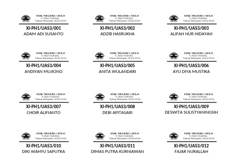 Label Meja Uas 2022 | PDF