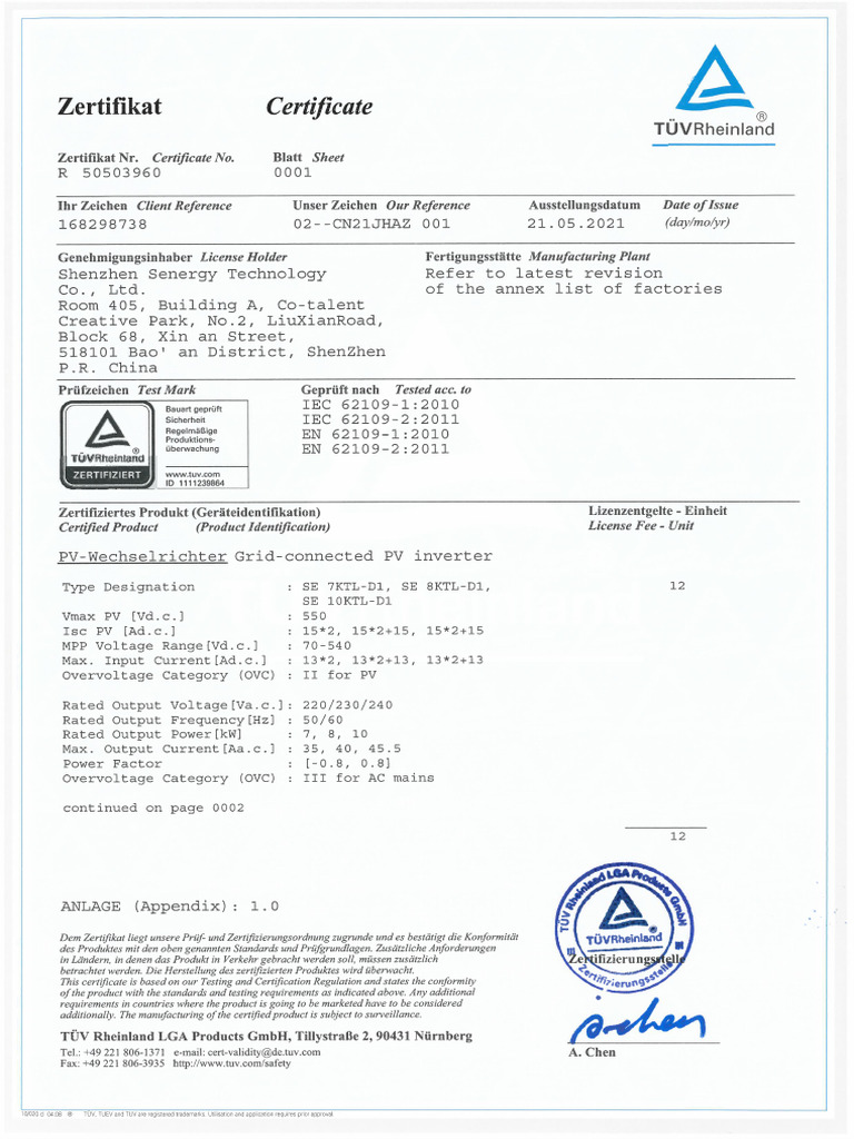 Sunshine 8kW -10kW Certification IEC-62109-3 | PDF