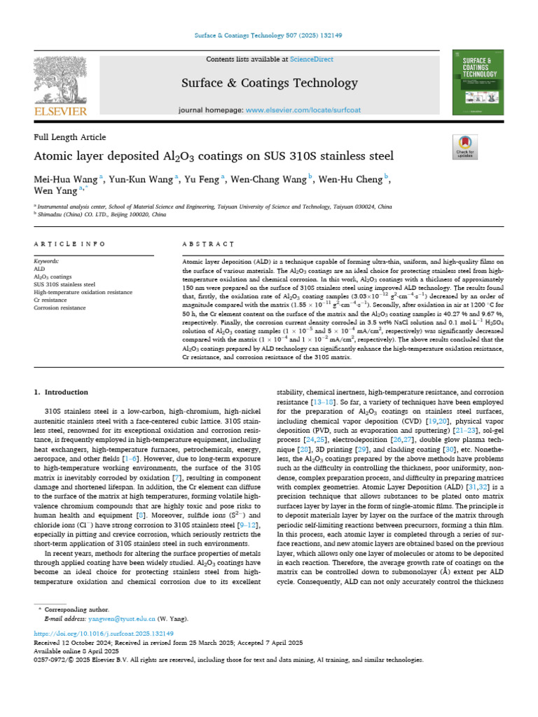 ALD Al2O3 Coatings on SUS 310S Steel | PDF | Aluminium Oxide | Corrosion