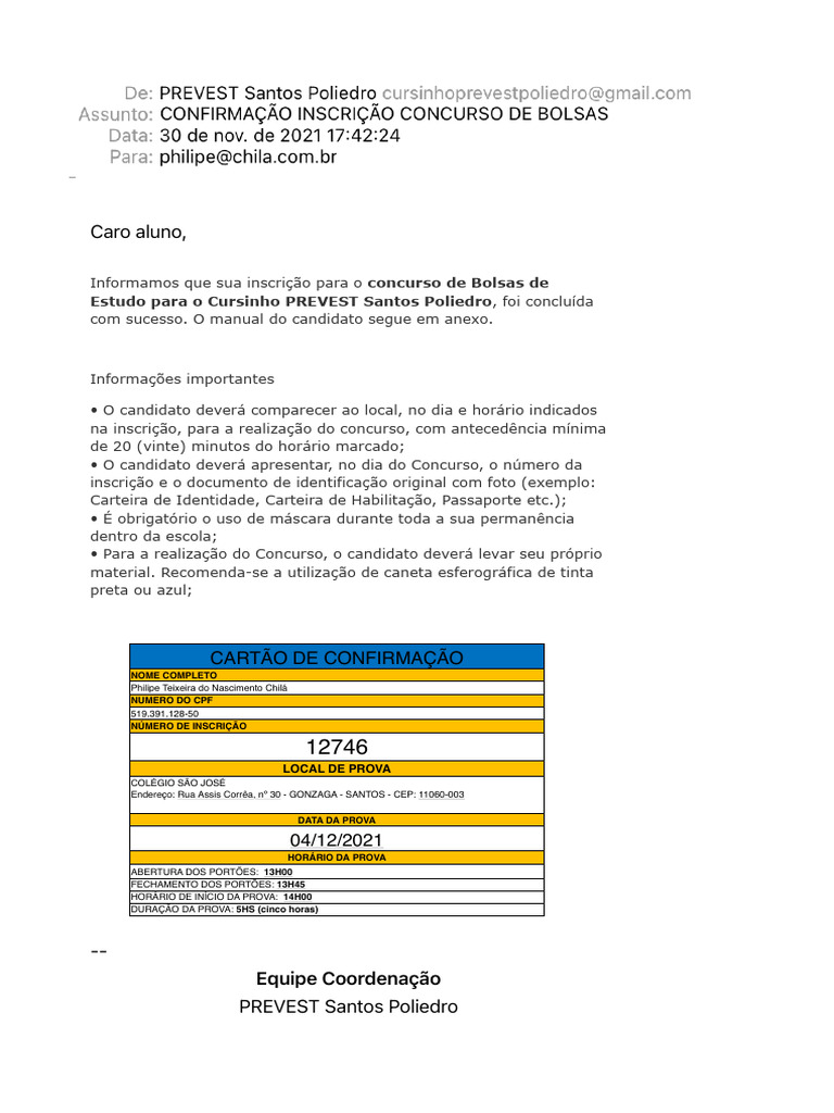 Confirmação de Inscrição para Concurso PREVEST | PDF