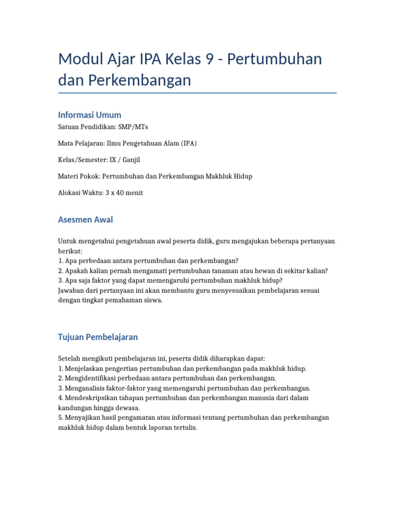 Modul IPA Kelas 9: Pertumbuhan Makhluk Hidup | PDF
