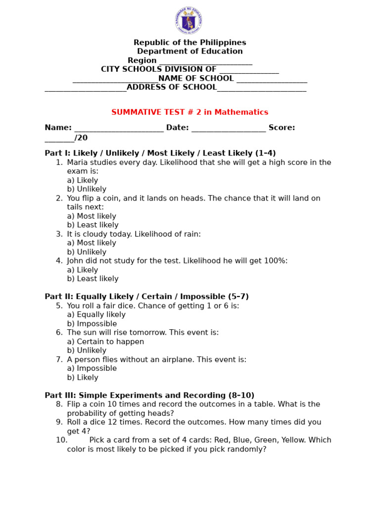 Summative Math Test for Philippine Schools | PDF | Probability