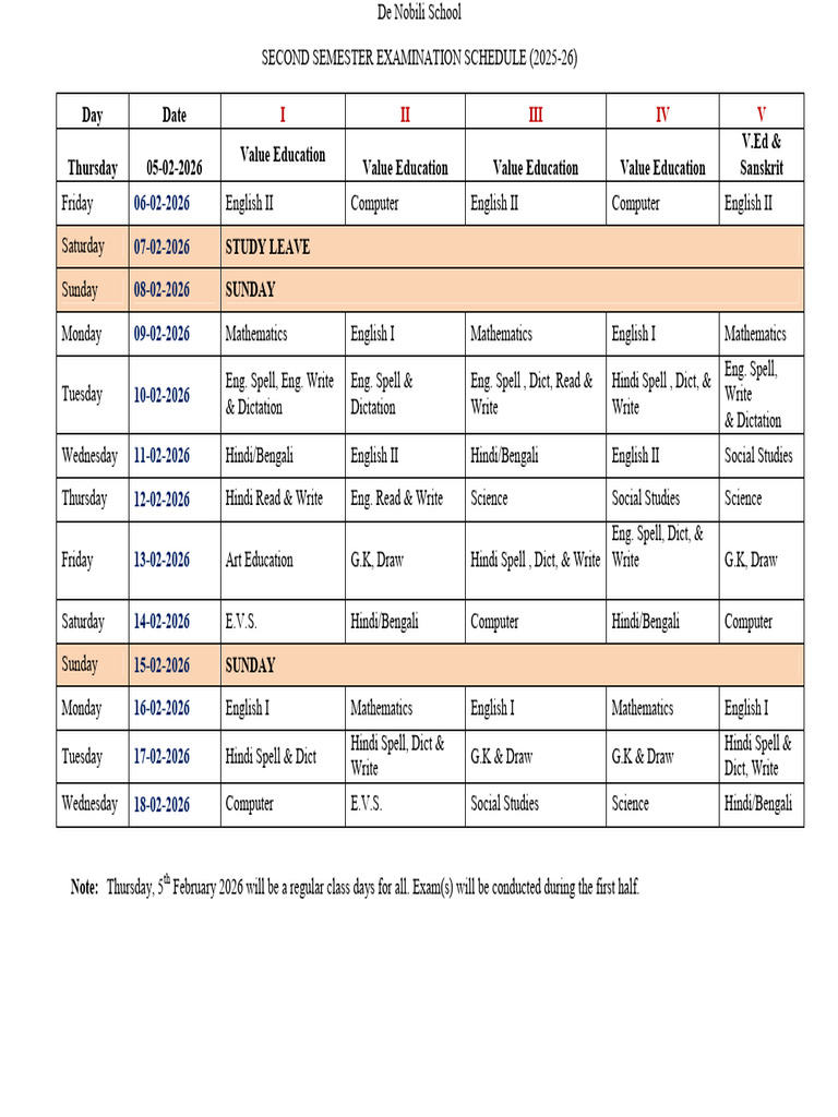 De Nobili School Exam Schedule 2026 | PDF | Academic Term