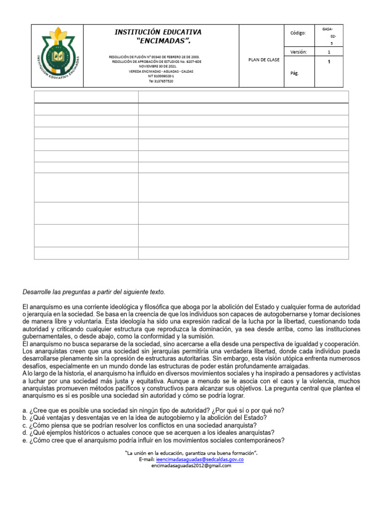 Plan de Clase Sociales Décimo (Tema 6) Sin Evaluación | PDF | Anarquismo | Comunismo