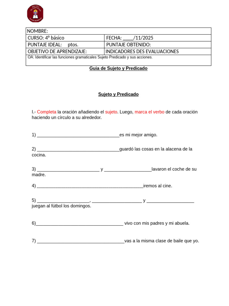 Guía de Sujeto y Predicado 4° Básico | PDF | Predicado (Gramática ...