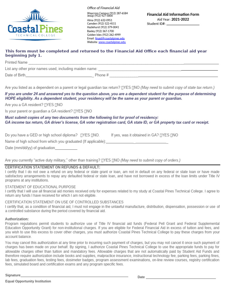 2021 Financial Aid Information Form-converted | PDF | Fee | Student ...