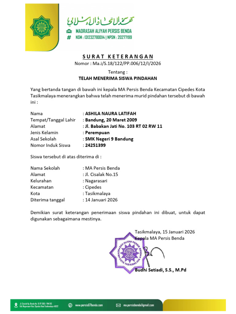 Surat Penerimaan Siswa Pindahan MA Persis | PDF