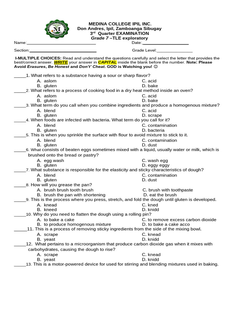 Grade 7 TLE Exam: Cooking Basics | PDF | Dough | Baking