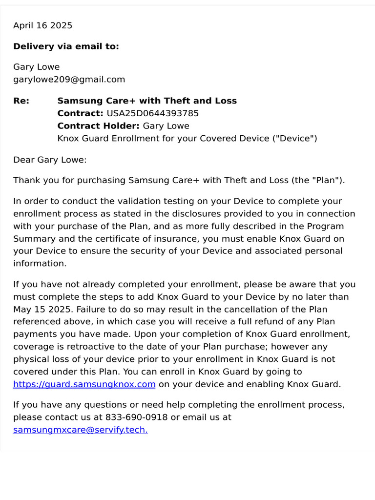 Samsung Care+ Knox Guard Enrollment Reminder | PDF