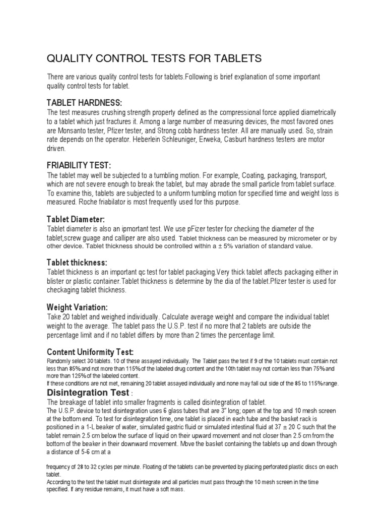 Quality Control Tests For Tablets | PDF | Tablet (Pharmacy) | Weight