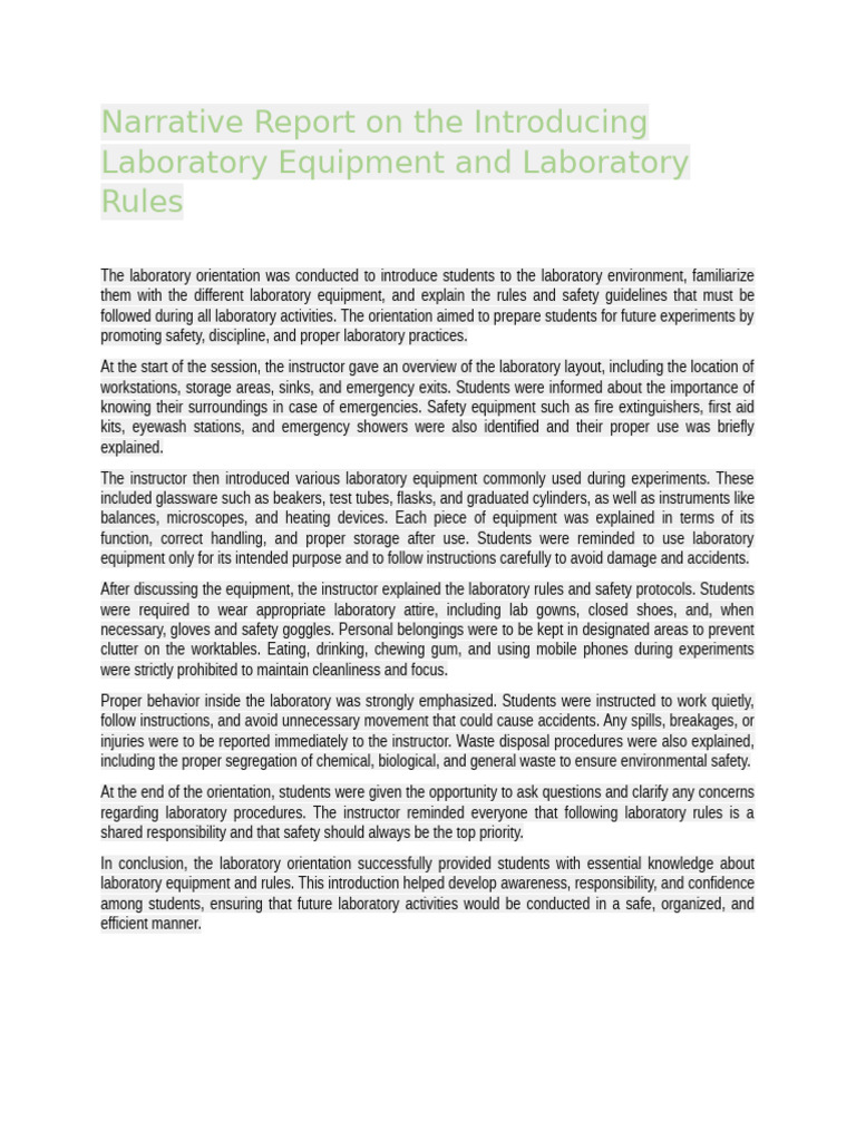 Narrative Report on the Introducing Laboratory Equipment and Laboratory Rules | PDF ...