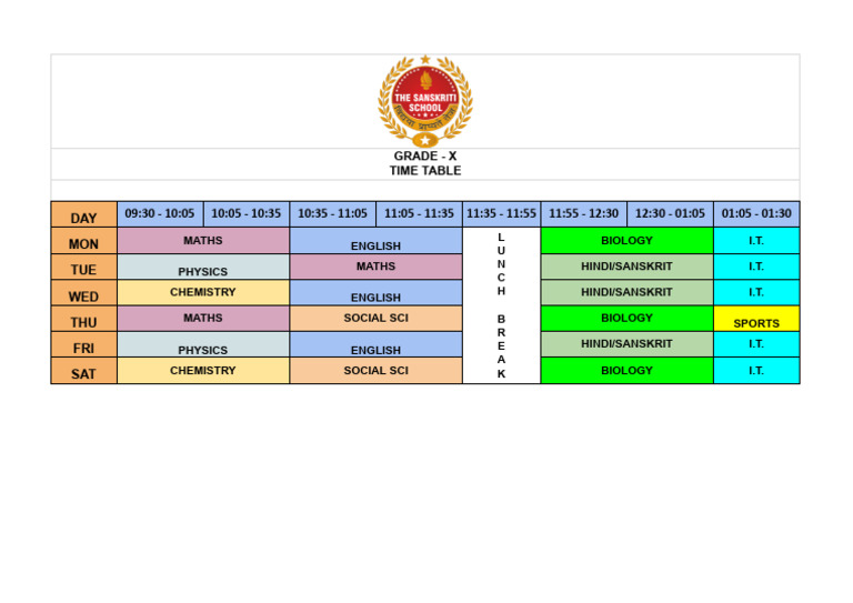 Time Table Class x | PDF