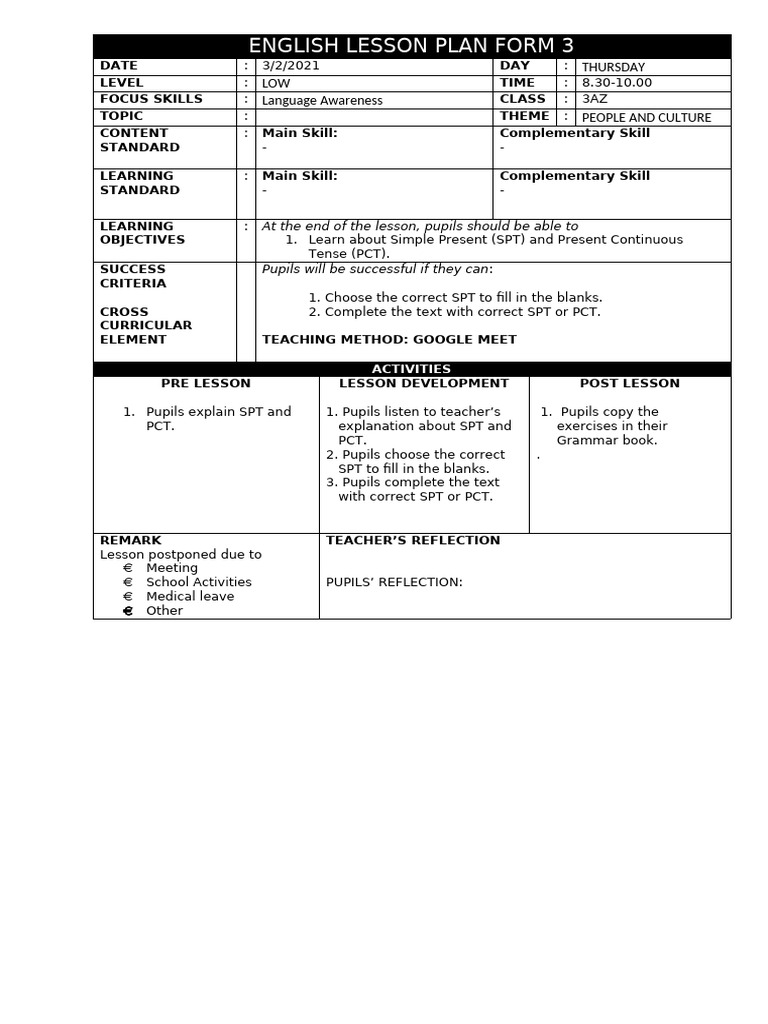 English Lesson Plan: Tenses Focus | PDF