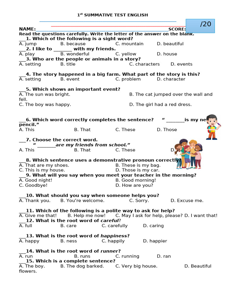 1st Grade English Summative Test | PDF