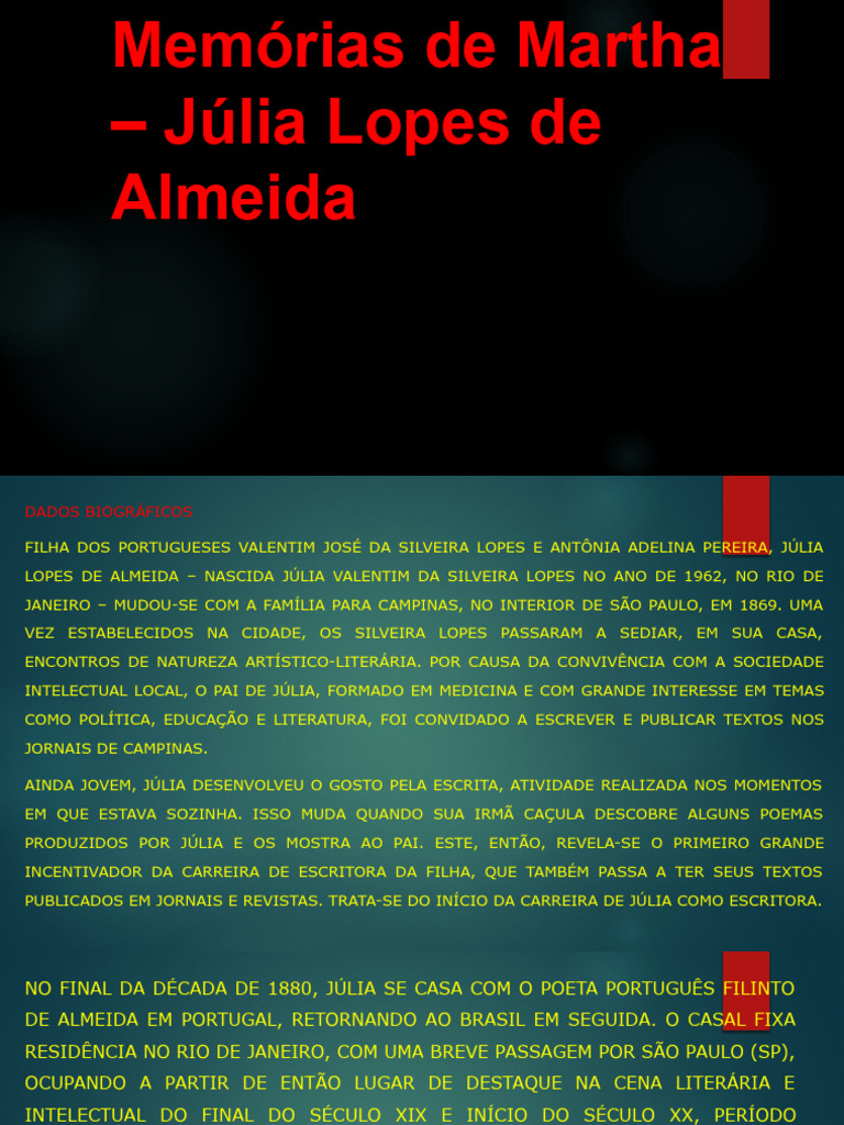 Memórias de Martha – Júlia Lopes de Almeida.pptx | PDF | Narrativa | Cidade