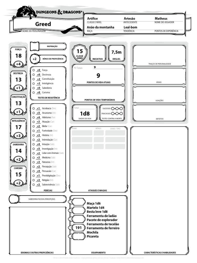Matheus ficha teste e provisória de DandD | PDF