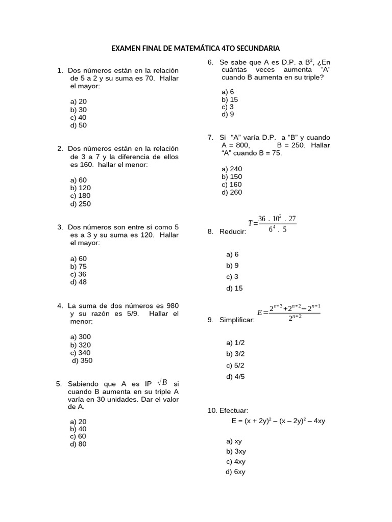 Examen Final Matemáticas 4to Secundaria | PDF
