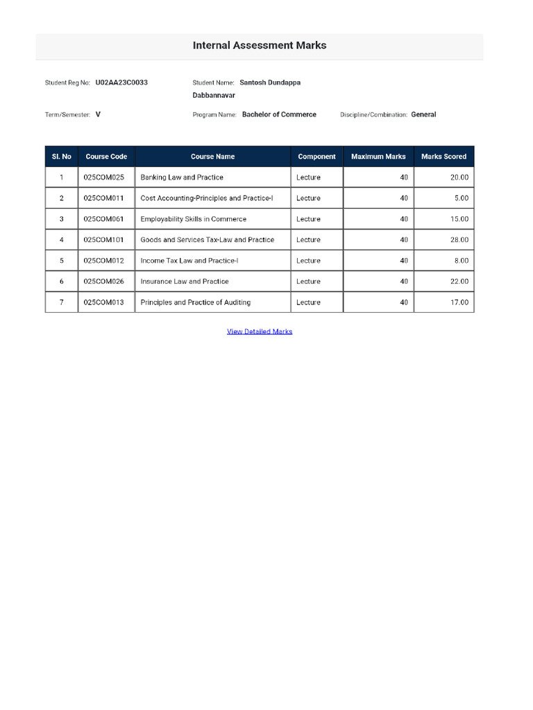 Student Internal Assessment Marks | PDF