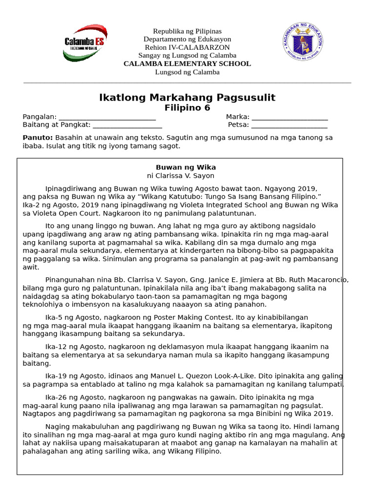 Ikatlong Markahang Pagsusulit Sa Filipino 6 | PDF