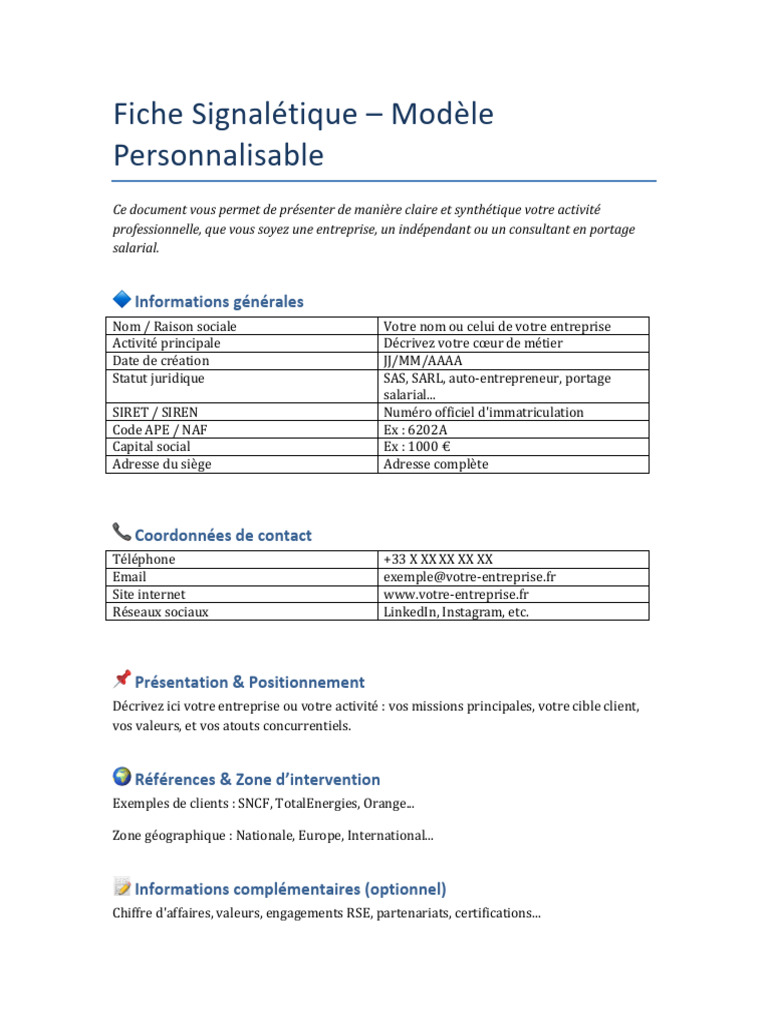 Fiche Signalétique Professionnelle Modèle | PDF