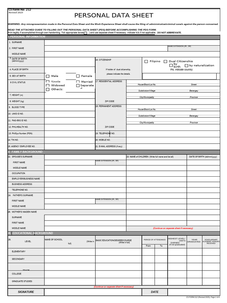 ANNEX H 1 CS Form No. 212 Revised 2025 Personal Data Sheet(5) | PDF ...