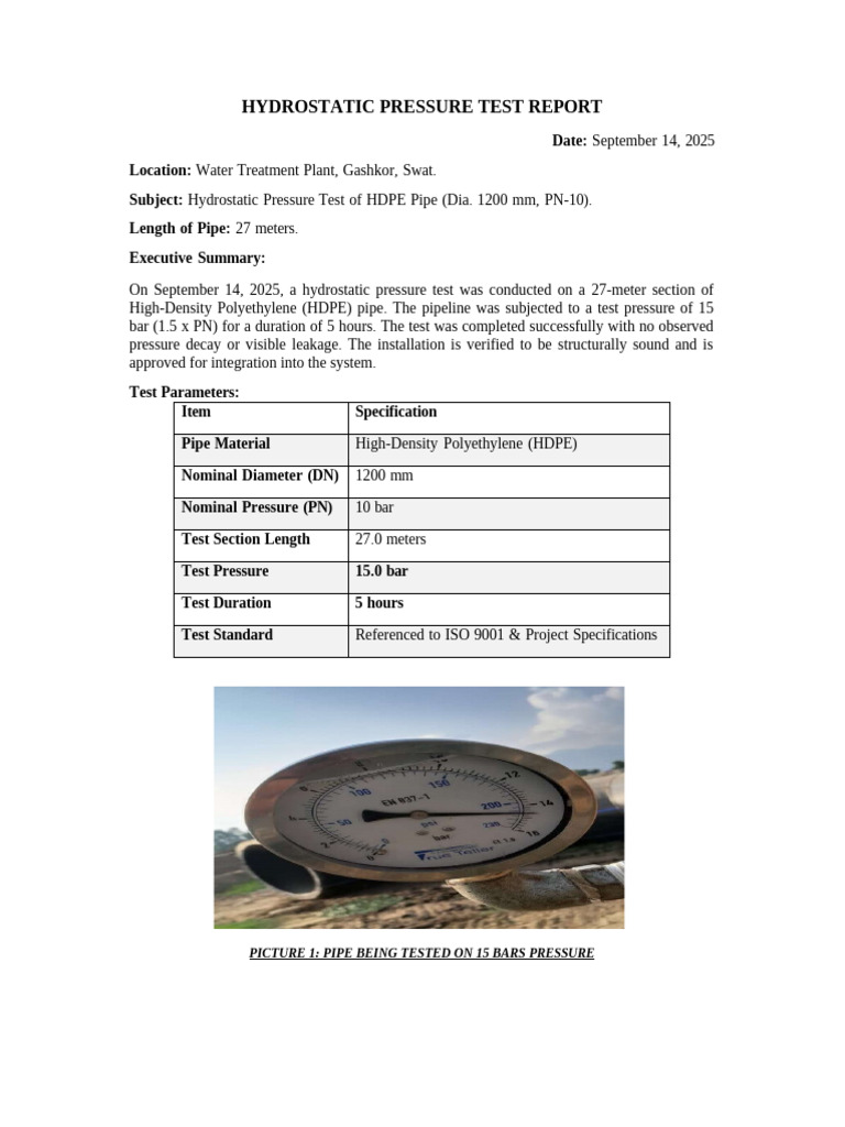 Hydrostatic Pressure Test Report: HDPE Pipe | PDF | Pipe (Fluid ...