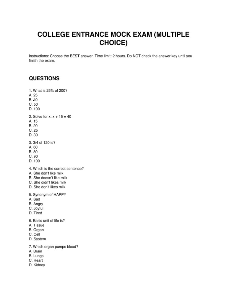 College Entrance Mock Exam Questions | PDF