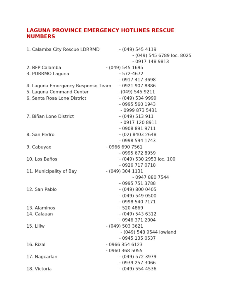Laguna Province Emergency Hotlines | PDF | Metro Manila