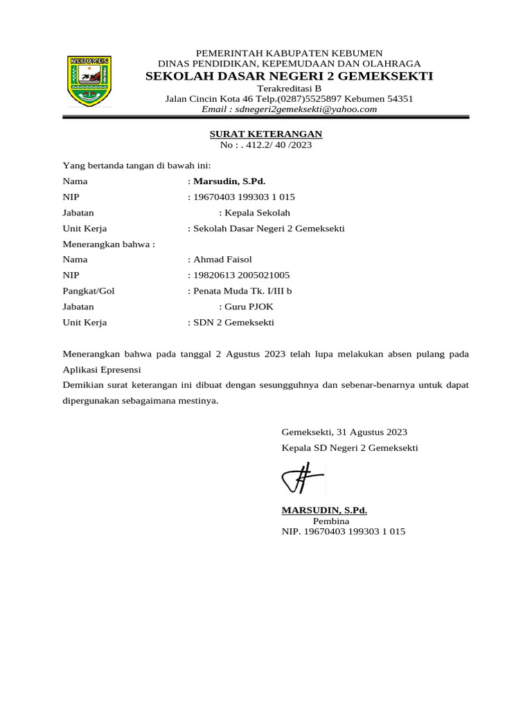 Surat Keterangan Lupa Absen Guru PJOK | PDF