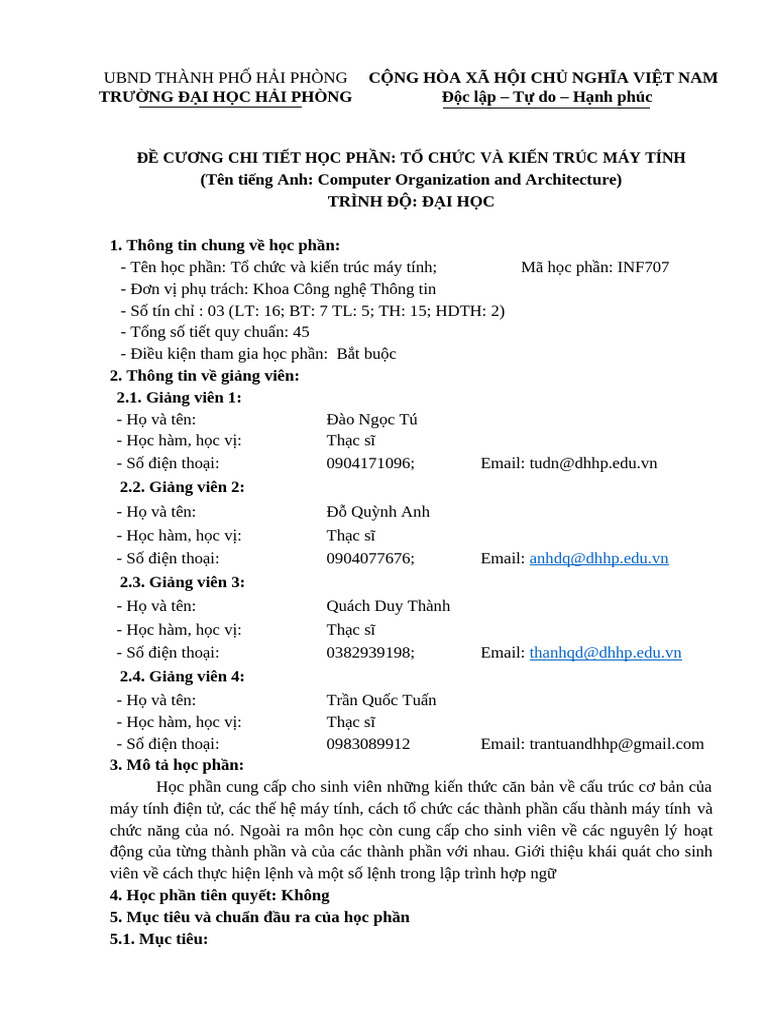 22. INF707E. Tổ Chức Và Kiến Trúc Máy Tính (3TC)-Đào Ngọc Tú (CLC) | PDF