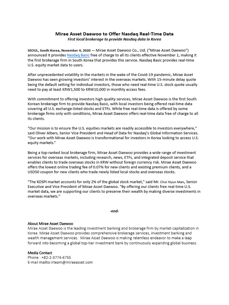 Mirae Asset Daewoo Press Release | PDF | Investing | Stock Market