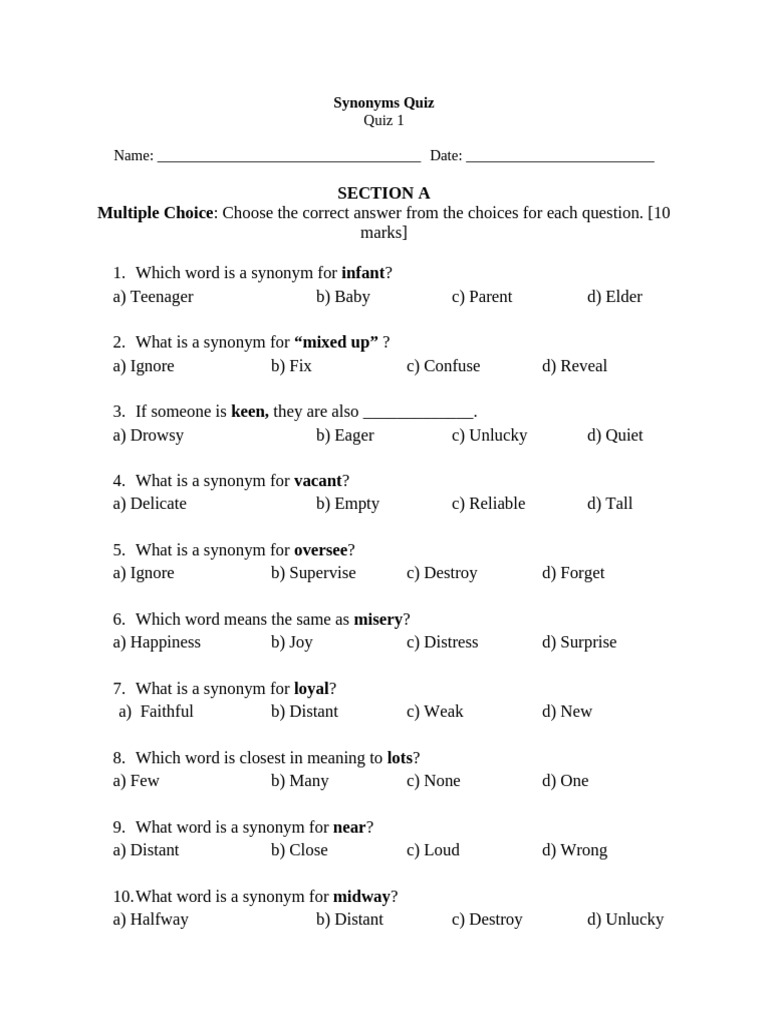 Synonyms Quiz for Vocabulary Practice | PDF