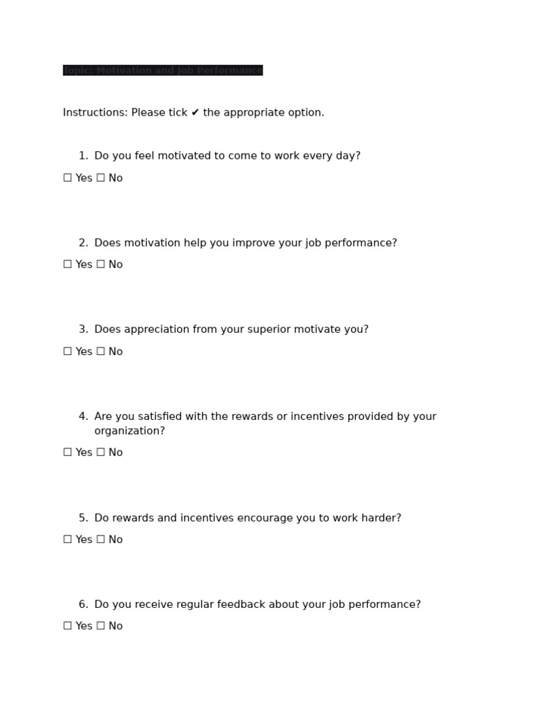 questionnaire for project | PDF | Incentive | Motivation