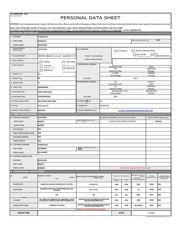 Personal Data Sheet Template | PDF | Teachers