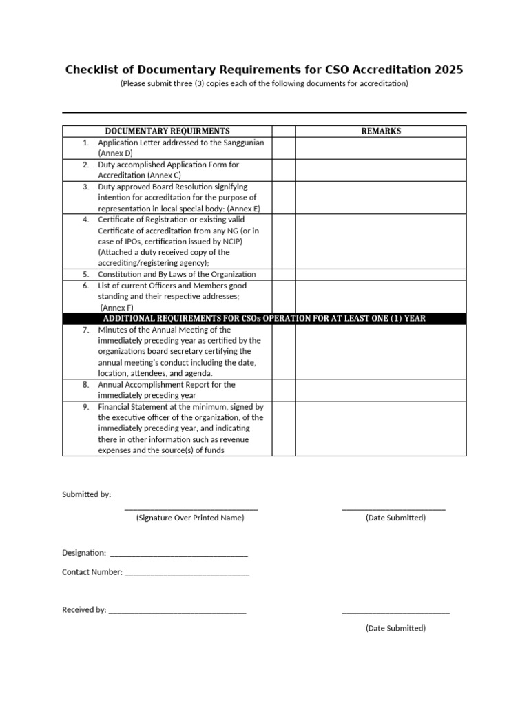 CSO Accreditation Document Checklist 2025 | PDF