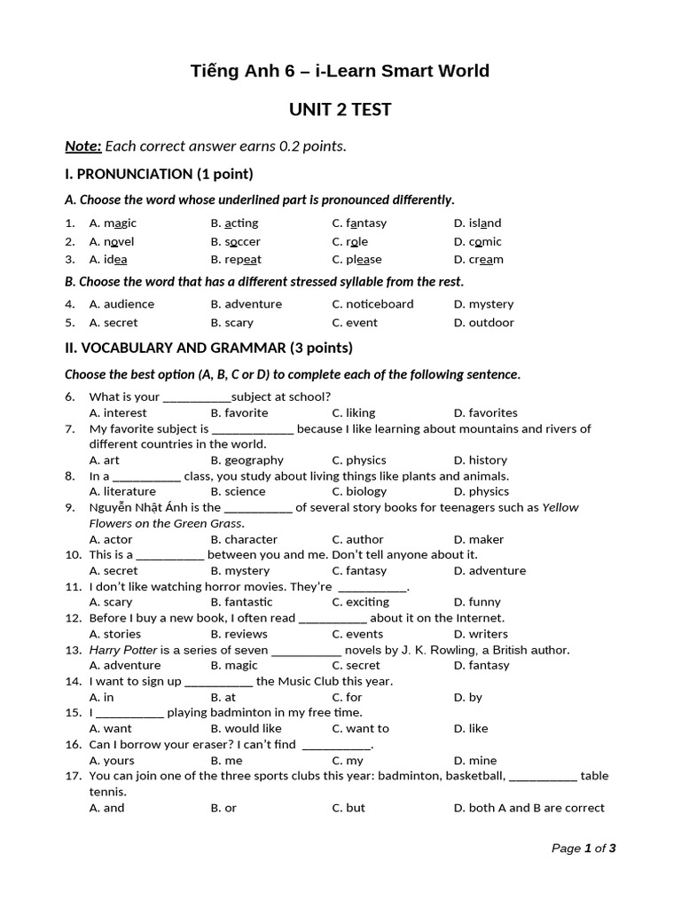 Bộ Đề Kiểm Tra Theo Từng Unit Có File Nghe – Đáp Án Tiếng Anh 6 Smart ...
