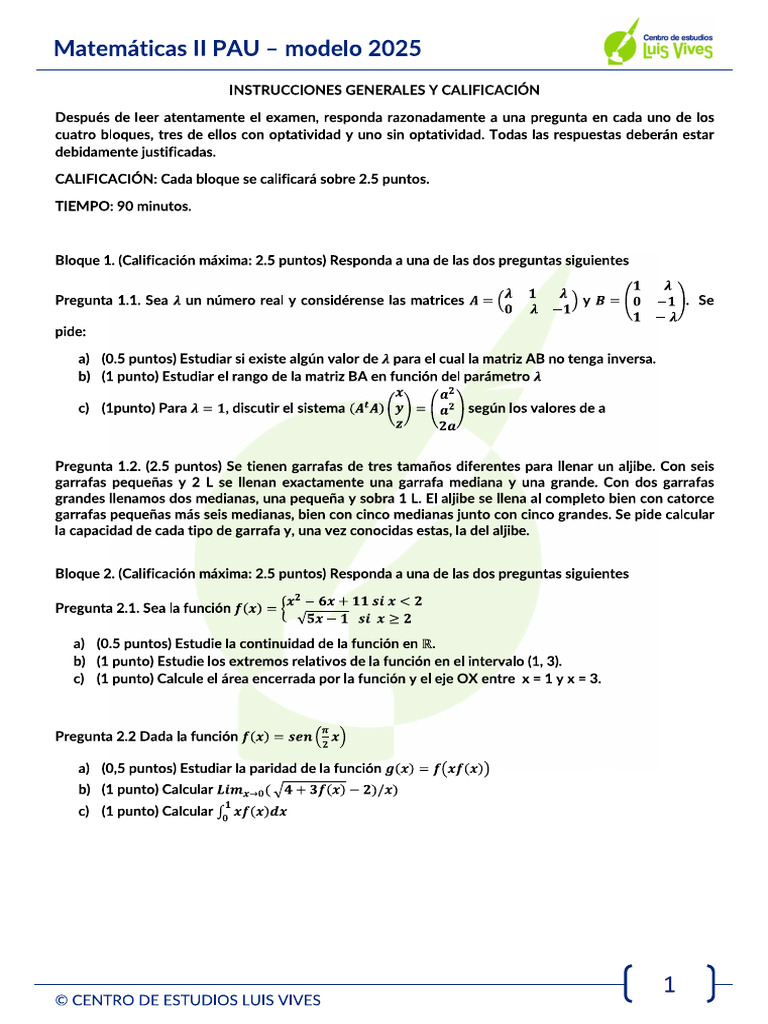 Modelo Examen de Matemáticas | PDF