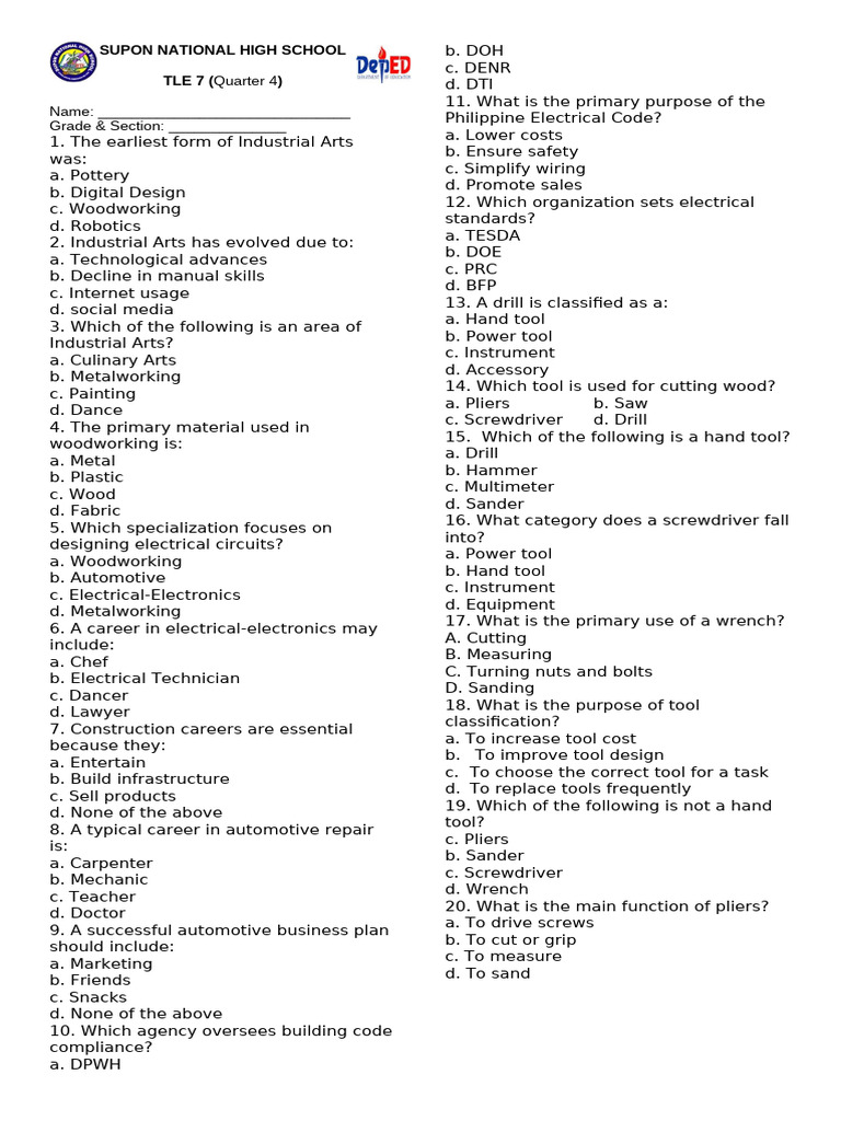 Industrial Arts Quiz for TLE 7 Students | PDF | Tools | Drill