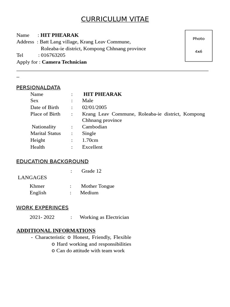 Camera Technician CV - Hit Phearak | PDF