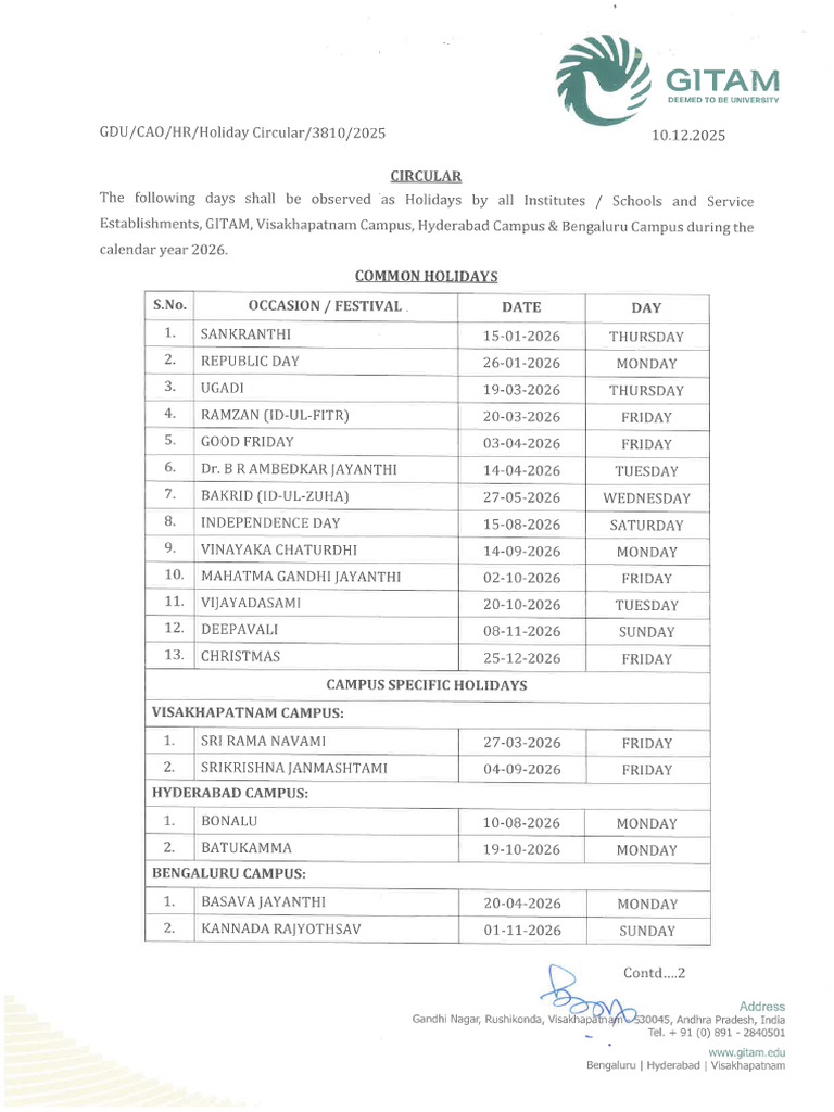 Holiday Circular 2026 | PDF