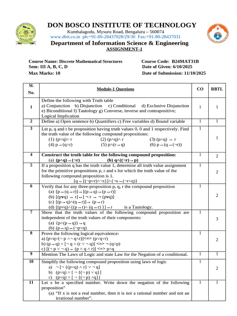 Dms Assignment1 | PDF | Mathematics | Syntax (Logic)