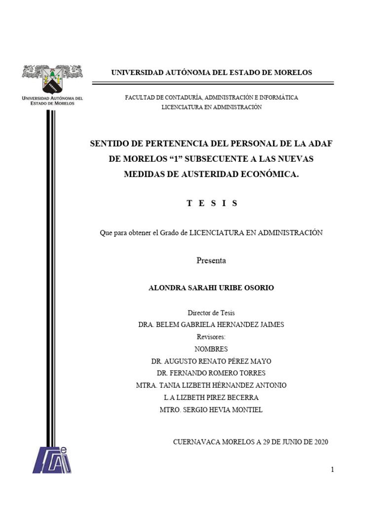 Sentido de Pertenencia Del Personal de La ADAF de Morelos 1 Subsecuente ...