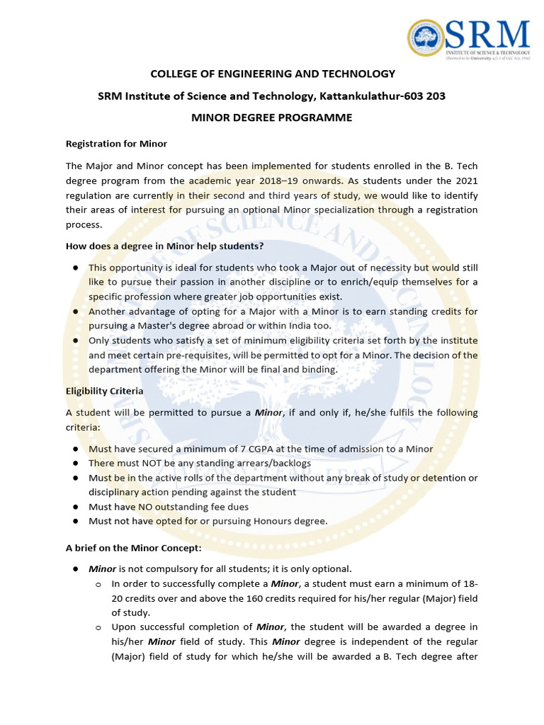 SRM Minor Degree Programme Guide | PDF | Academic Degree | Educational ...