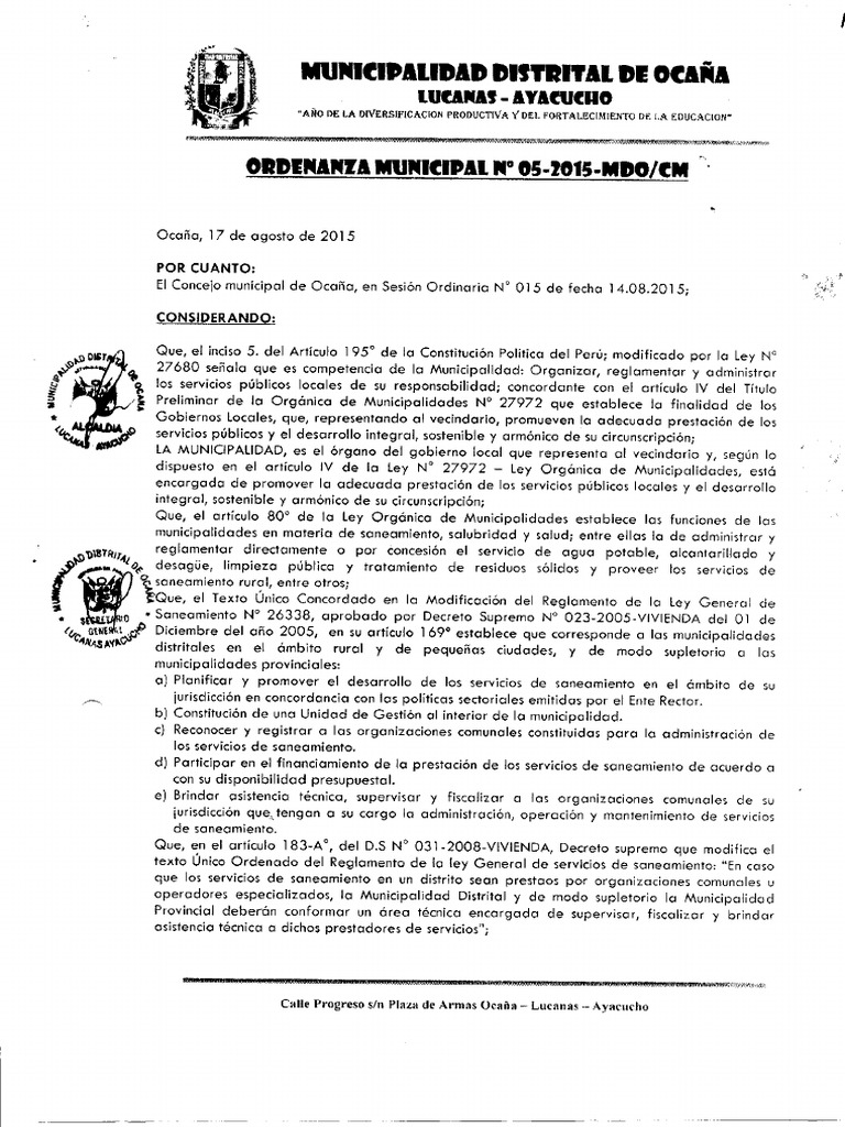 ORDENANZA MUNICIPAL N°05-2015-MDO-CM | PDF