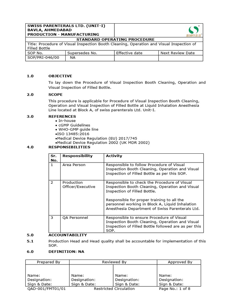 Visual Inspection Sop 00 | PDF