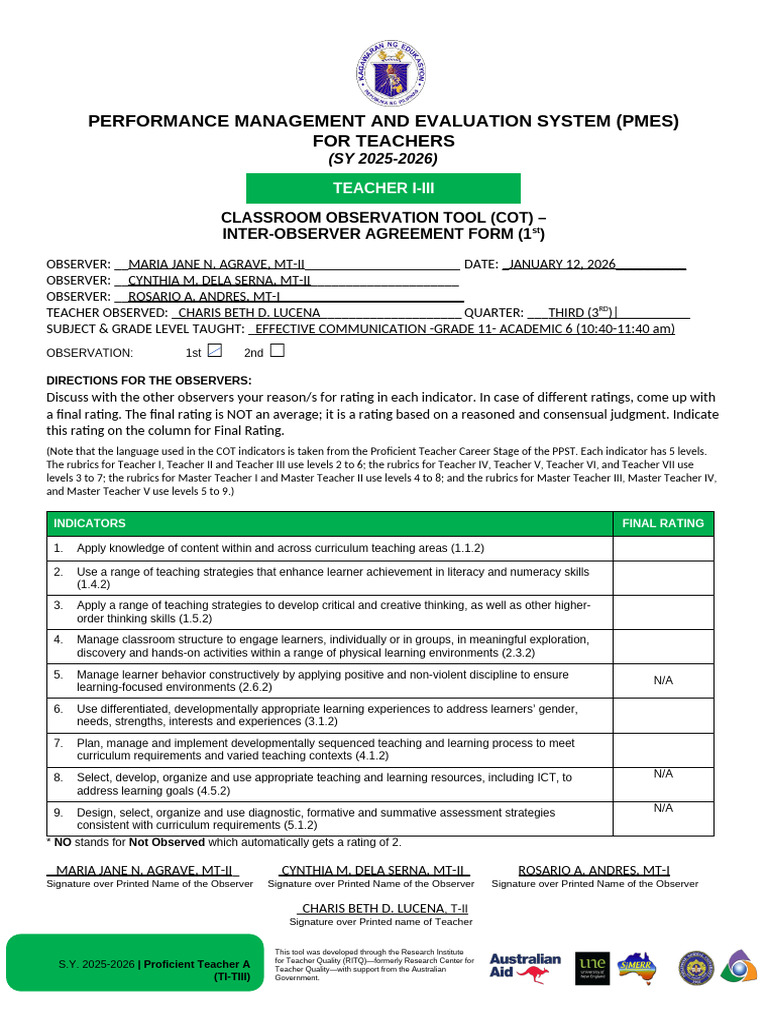 Teacher Evaluation Observation Tool 2025-2026 | PDF | Teachers | Learning