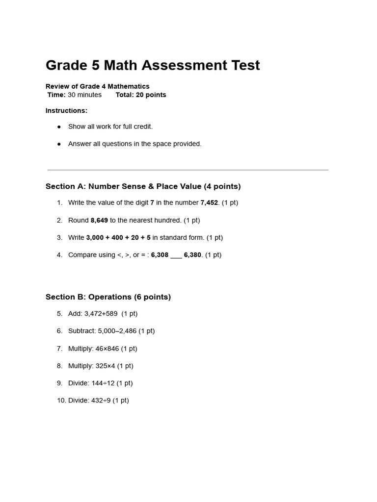 Grade 5 Math Assessment Test | PDF