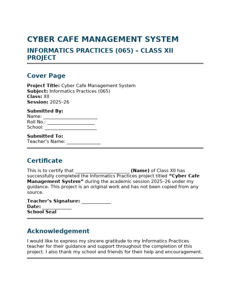 Cyber Cafe Management System Project | PDF | Software | Computer Science